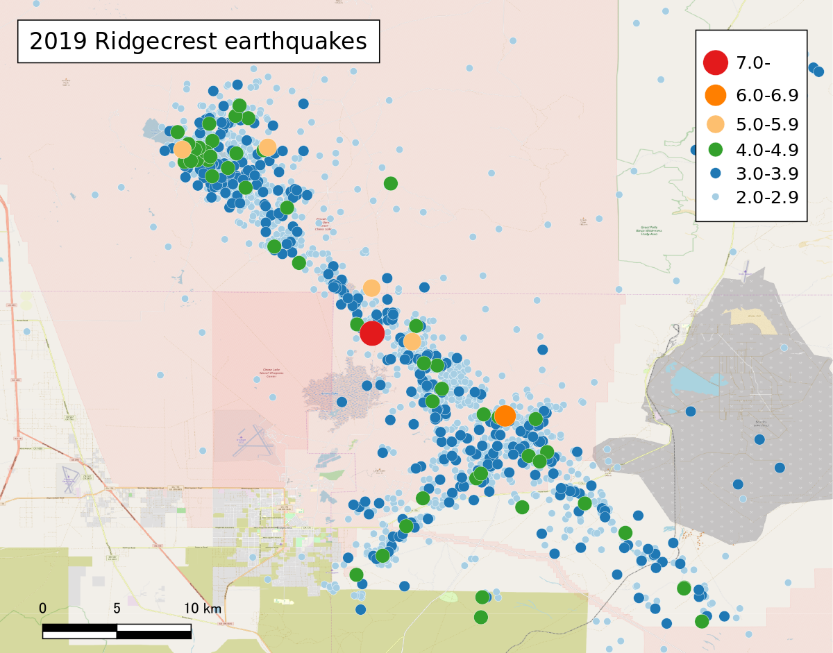 ملف:Map of 2019 Ridgecrest earthquakes.svg - المعرفة