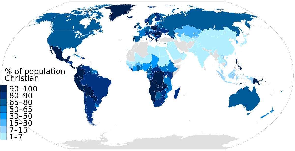 ملف:Christianity percent population in each nation World Map Christian ...