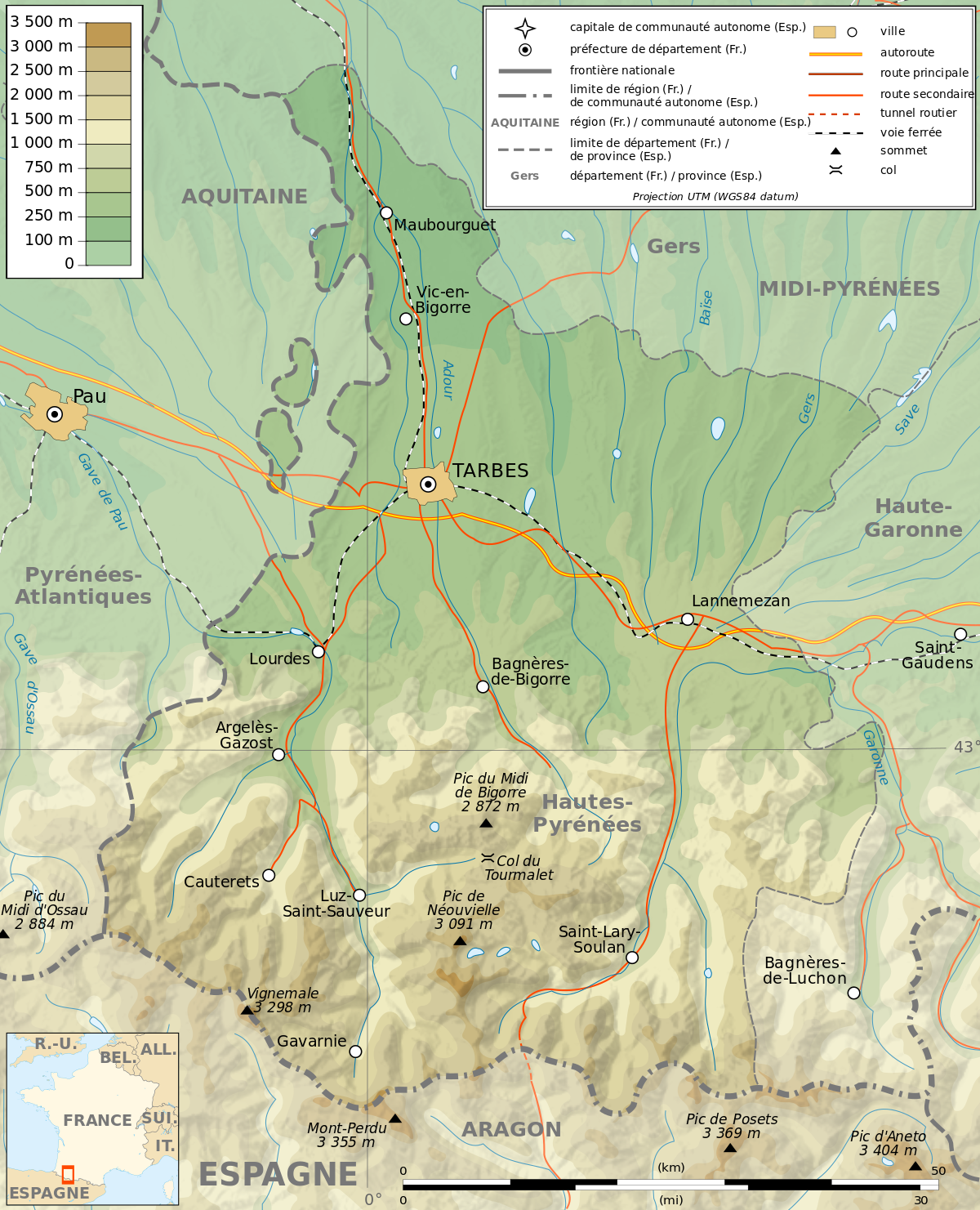 ملف:Hautes Pyrenees topographic map-fr.svg - المعرفة