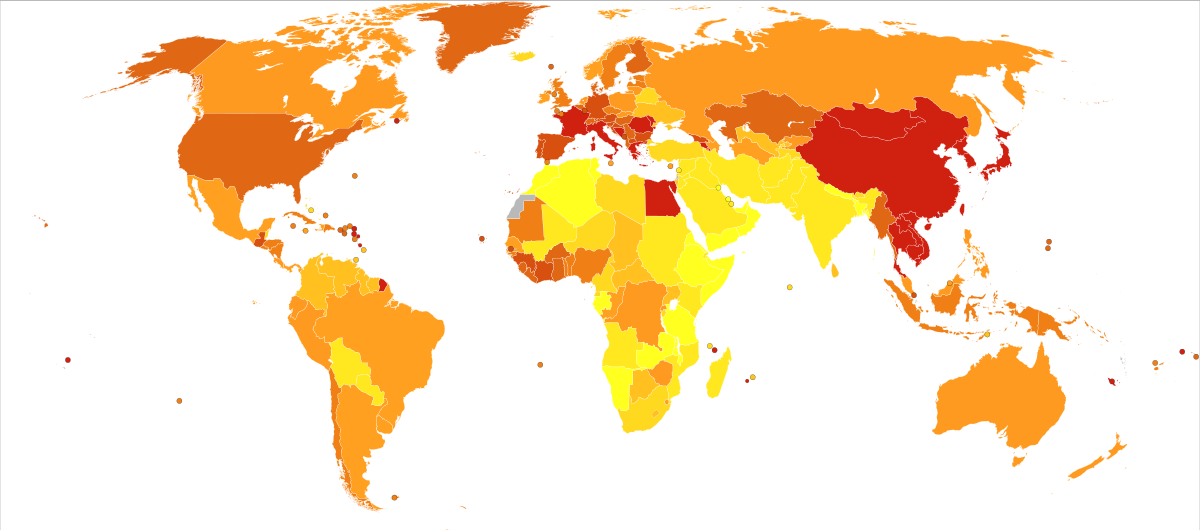 ملف:Liver cancer world map-Deaths per million persons-WHO2012.svg - المعرفة