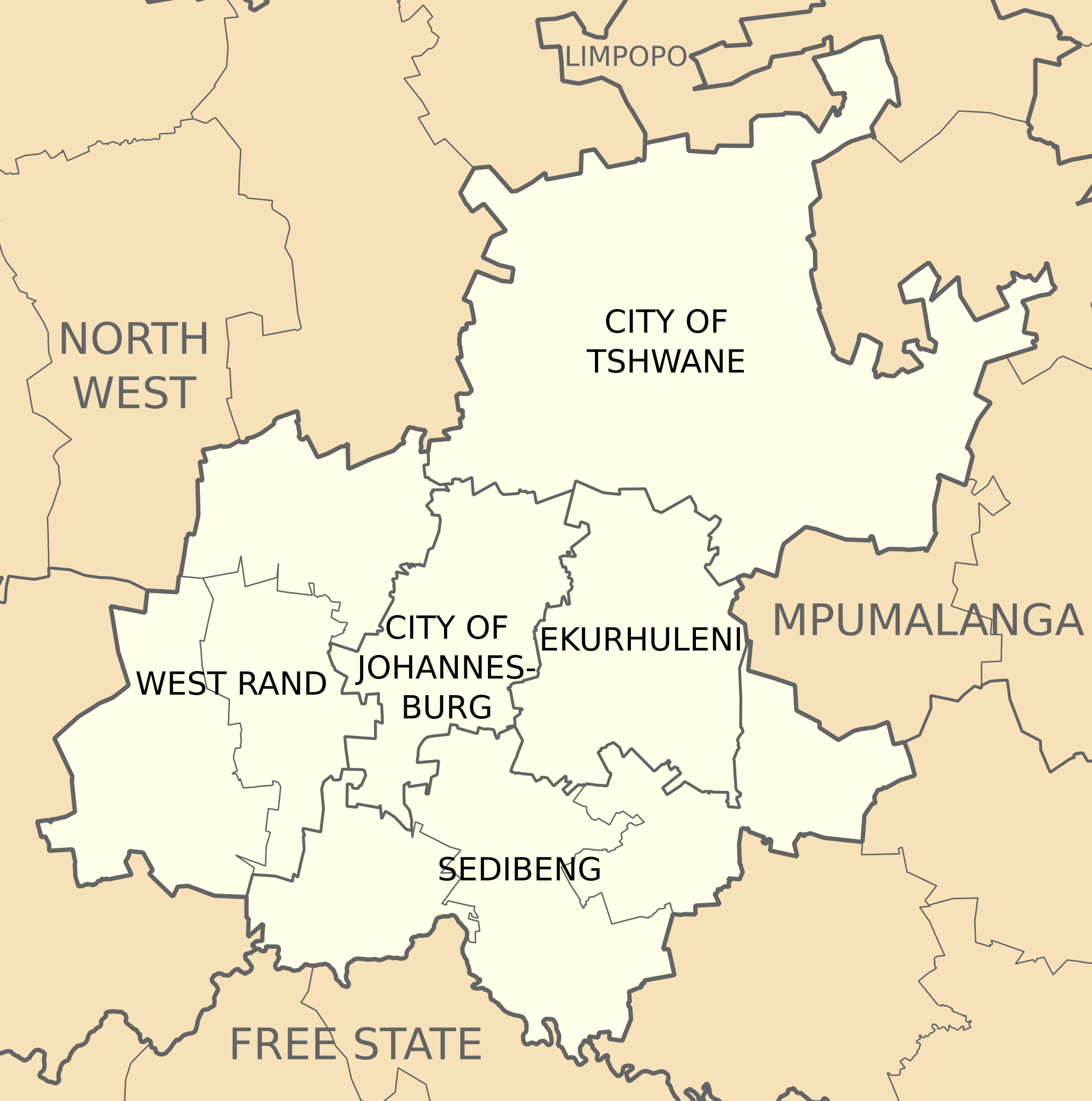 ملف:Map of Gauteng with municipalities labelled (2016).svg - المعرفة
