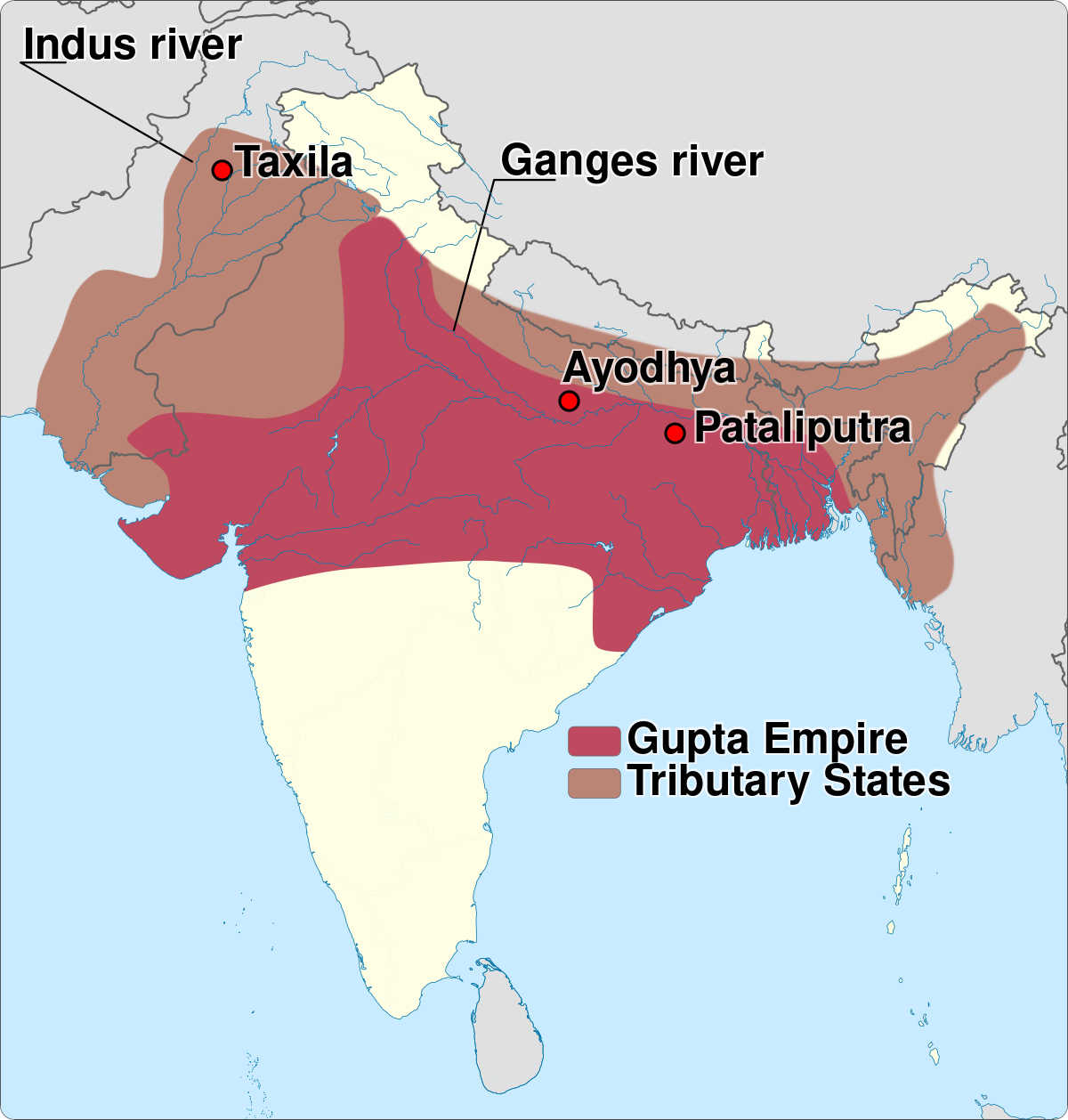 ملف:Map for Gupta Empire and tributaries.svg - المعرفة