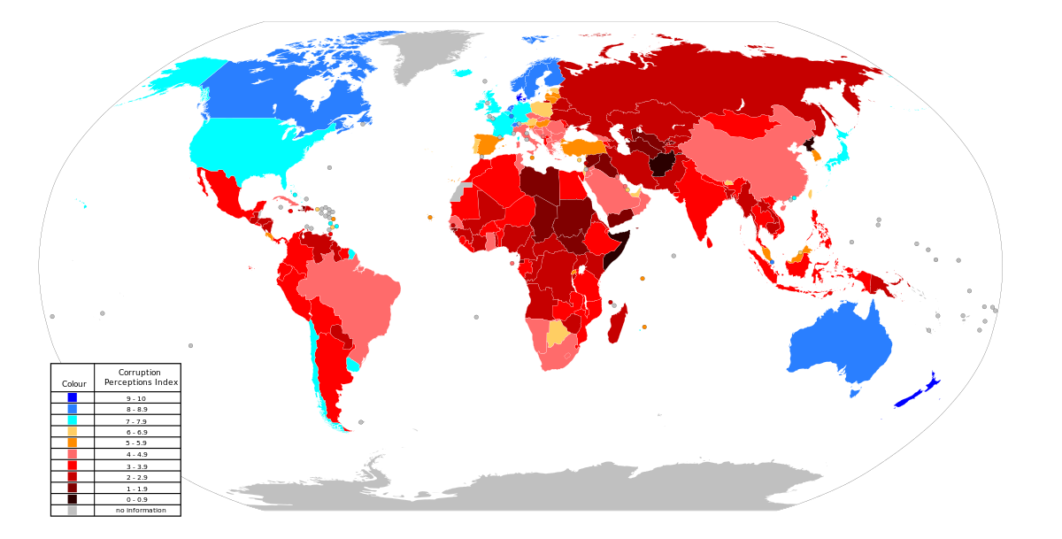 ملف:World Map Index of perception of corruption.svg - المعرفة