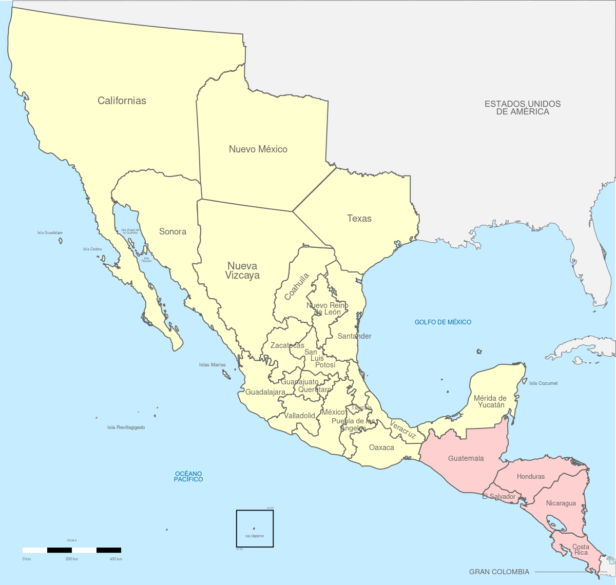 ملف:Political divisions of Mexico 1821 (location map scheme).svg - المعرفة