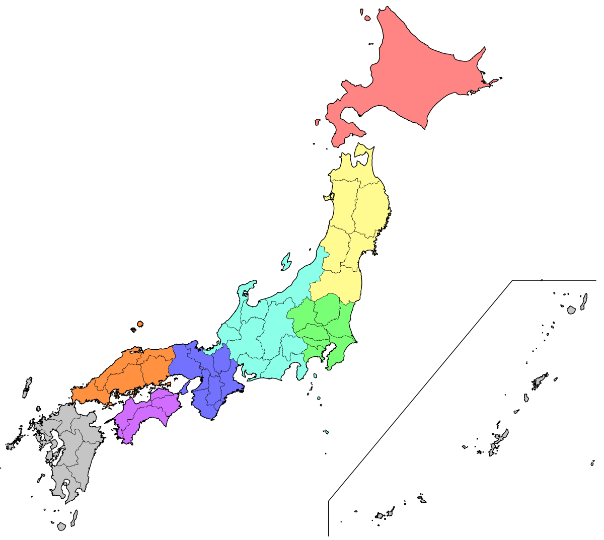ملف:Regions and Prefectures of Japan no labels.svg - المعرفة