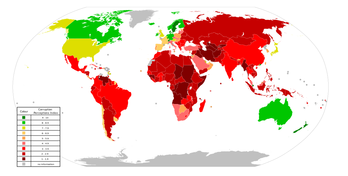 ملف:World Map Index of perception of corruption 2009.svg - المعرفة
