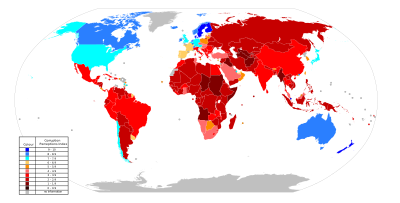 ملف:World Map Index of perception of corruption 2010.svg - المعرفة